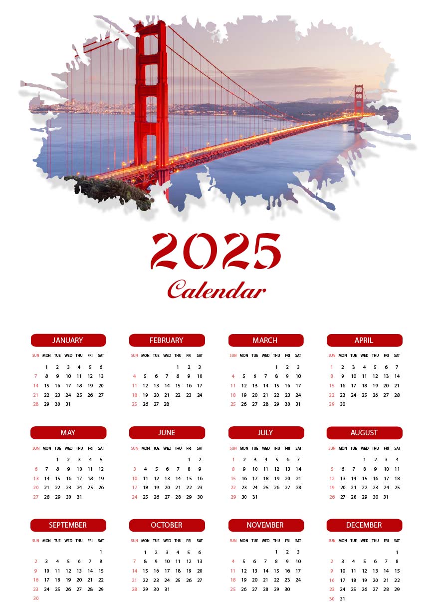 2025 Calendar San Francisco Golden Gate printed vinyl decal